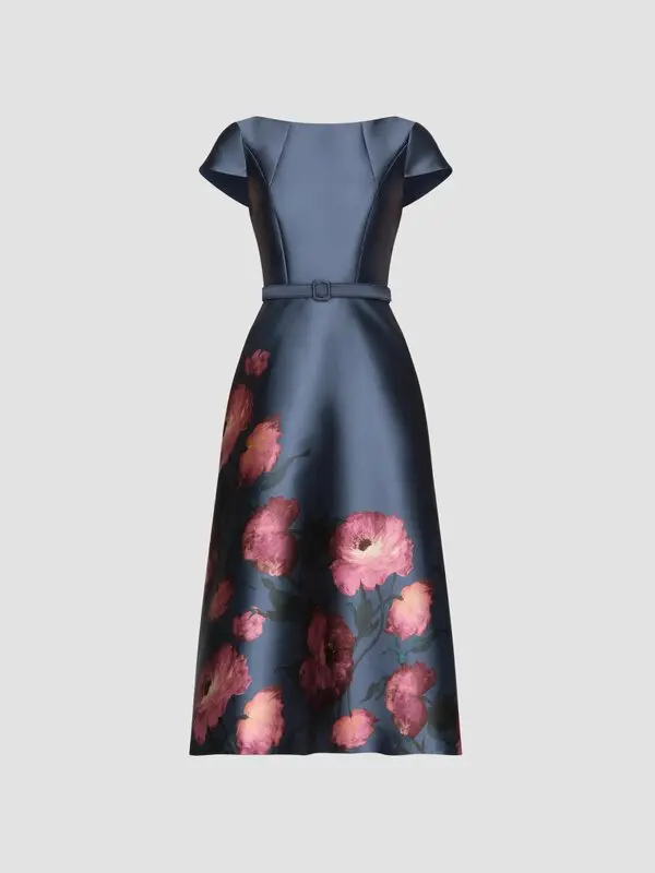 KAY UNGER Ina Mikado Poppy Tea-length Cocktail Dress
