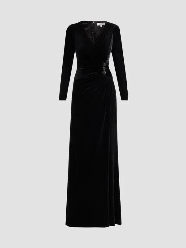 Rickie Freeman For Teri Jon Velvet Beaded Accent A-line Gown - Black
