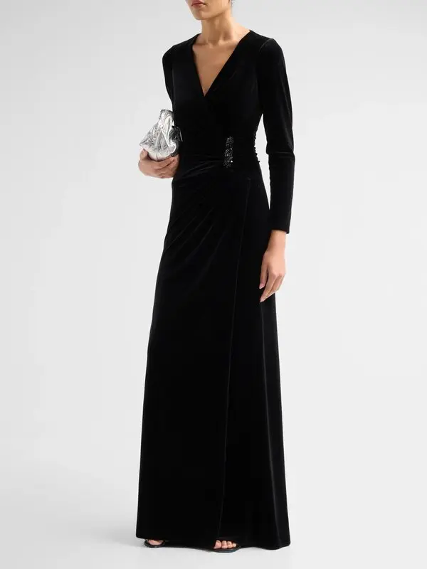 Rickie Freeman For Teri Jon Velvet Beaded Accent A-line Gown - Black