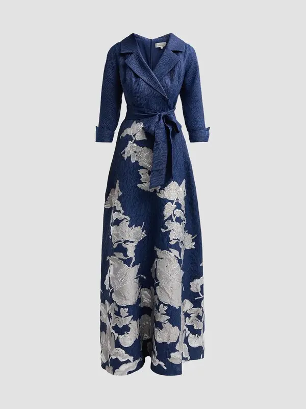 Rickie Freeman For Teri Jon Textured Metallic Floral Jacquard Gown - Navy Silver