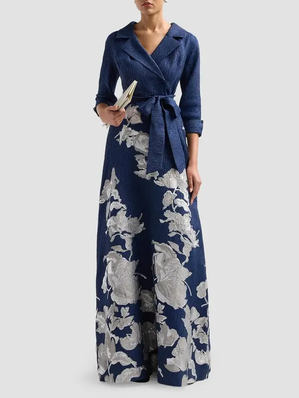 Rickie Freeman For Teri Jon Textured Metallic Floral Jacquard Gown