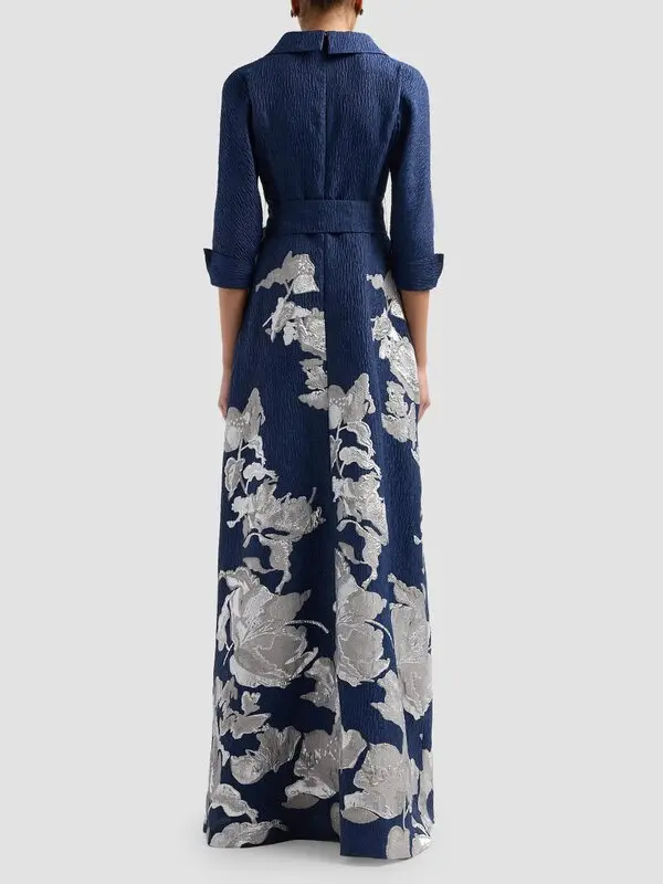 Rickie Freeman For Teri Jon Textured Metallic Floral Jacquard Gown