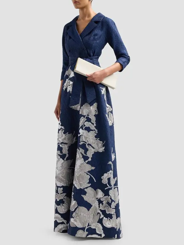 Rickie Freeman For Teri Jon Textured Metallic Floral Jacquard Gown