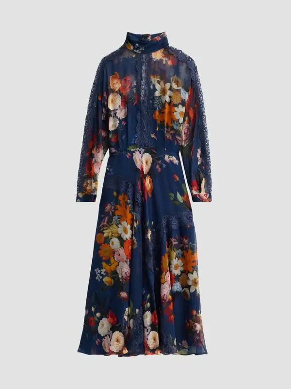 Rickie Freeman For Teri Jon Lace-trim Floral Silk Midi Dress - Sapphire Multi