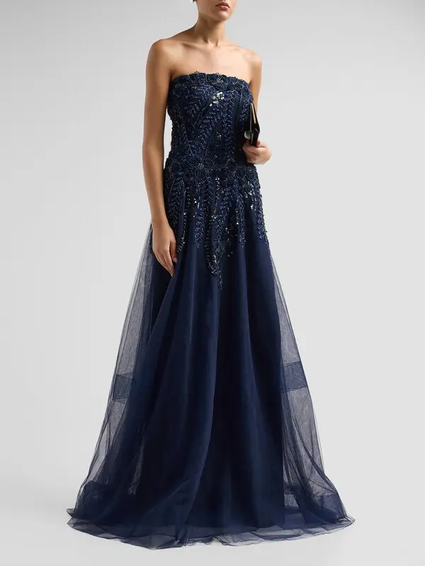 Rickie Freeman For Teri Jon Floral-embellished Tulle Strapless Gown