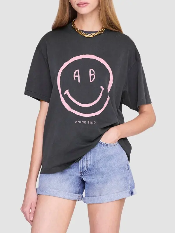 ANINE BING Cade Cotton Smiley Print T-shirt - Grey