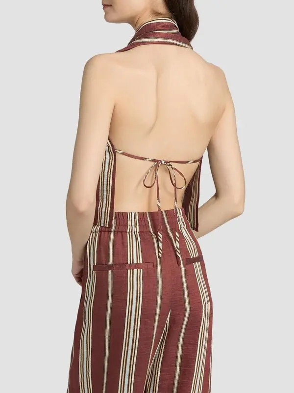 A.L.C. Kaia Striped Linen-blend Halterneck Top