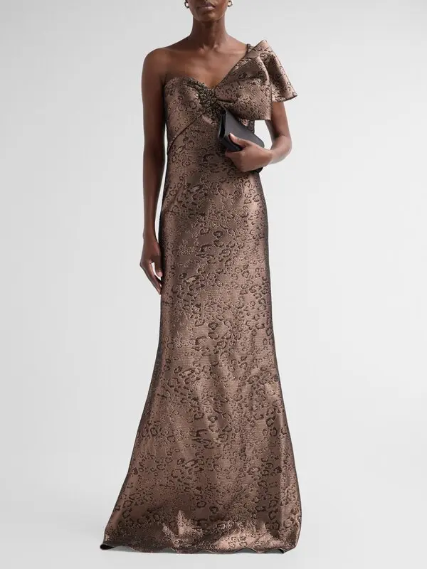 Rickie Freeman For Teri Jon Abstract Animal Jacqaurd Bow Gown