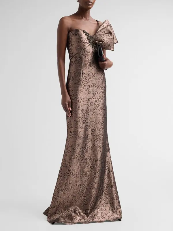 Rickie Freeman For Teri Jon Abstract Animal Jacqaurd Bow Gown