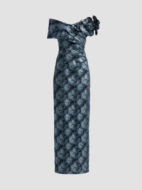 Rickie Freeman For Teri Jon 3d Floral Metallic Jacquard Columnn Gown - Slate Multi