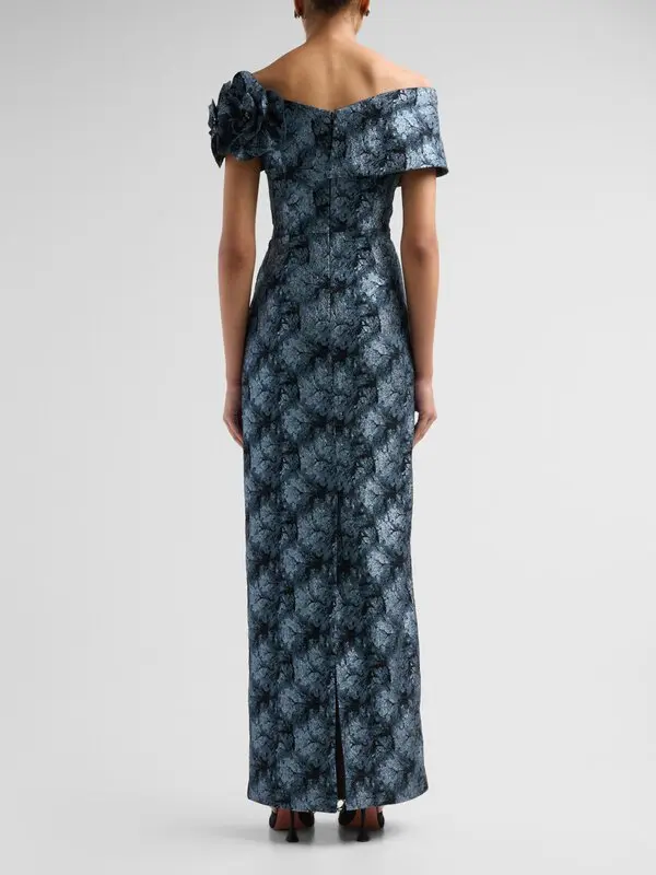 Rickie Freeman For Teri Jon 3d Floral Metallic Jacquard Columnn Gown