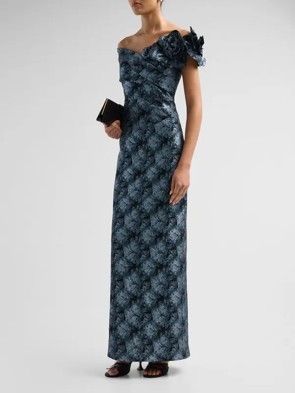 Rickie Freeman For Teri Jon 3d Floral Metallic Jacquard Columnn Gown