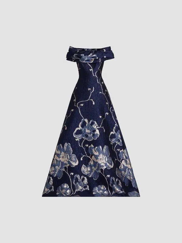 Rickie Freeman For Teri Jon Floral Jacquard Off-the-shoulder A-line Gown - Navy Multi