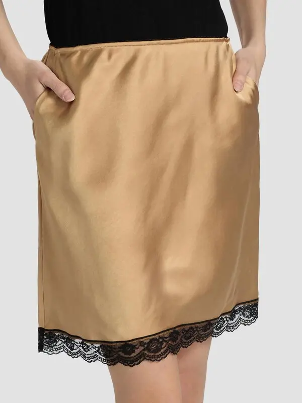 DH New York Candice Satin Lace-hem Miniskirt - Camel Combo
