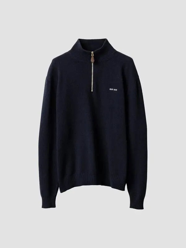 Miu Miu Cashmere And Leather Zipper Sweater - Blue