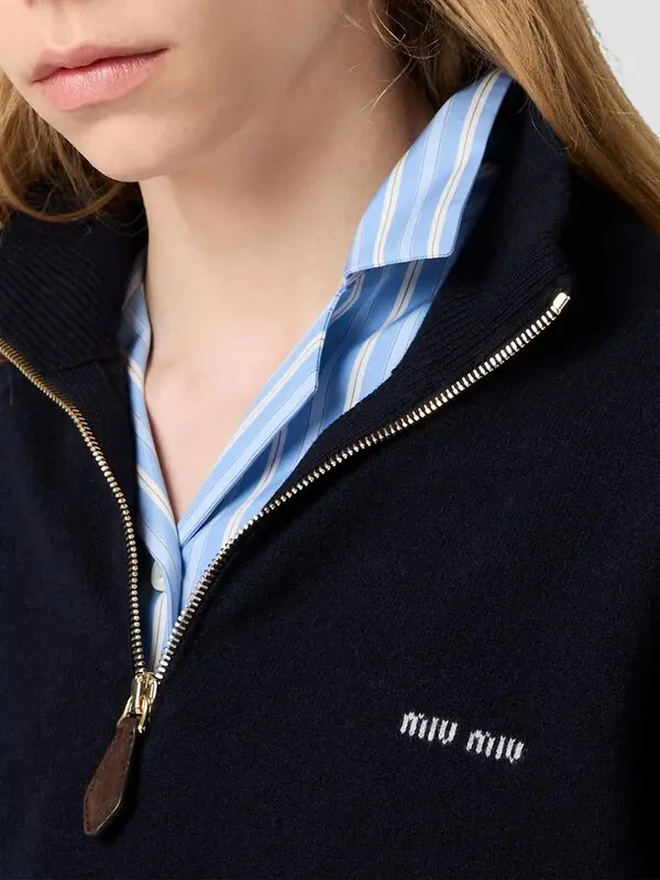 Miu Miu Cashmere And Leather Zipper Sweater - Blue