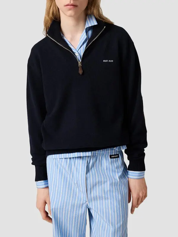 Miu Miu Cashmere And Leather Zipper Sweater - Blue