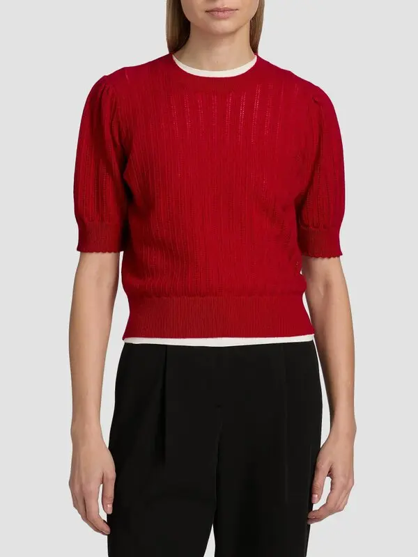 FRAME Ladder Pointelle Cashmere Short-sleeve Sweater - Raspberry