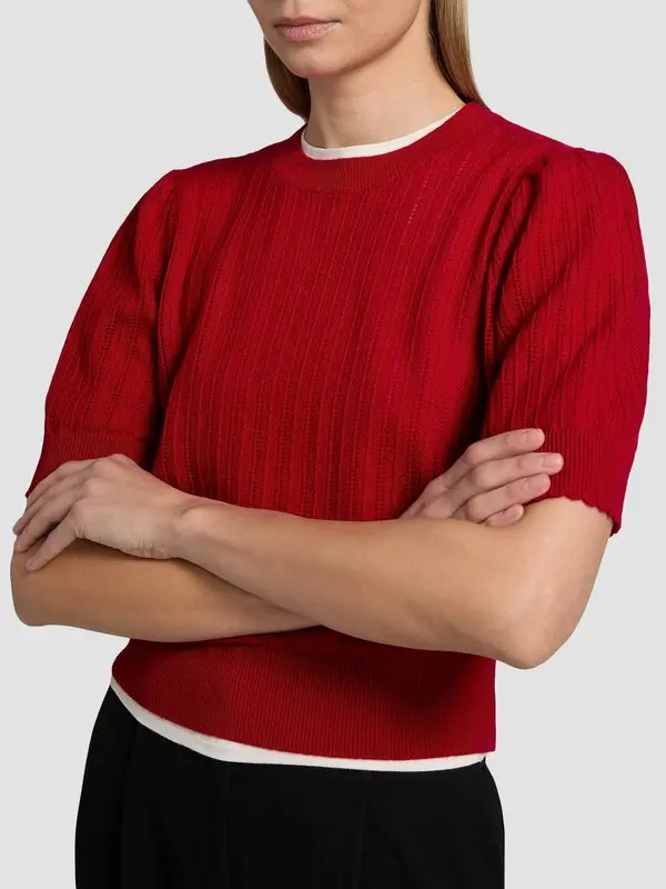 FRAME Ladder Pointelle Cashmere Short-sleeve Sweater - Raspberry