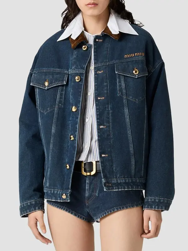 Miu Miu Flocked Denim And Velvet Blouson Jacket - Blue
