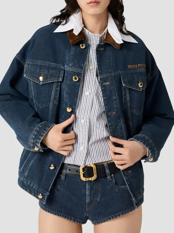 Miu Miu Flocked Denim And Velvet Blouson Jacket - Blue