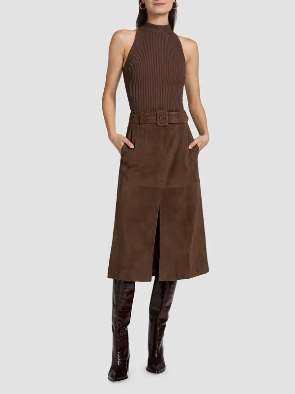Veronica Beard Alexie Belted Suede A-line Skirt - Mocha