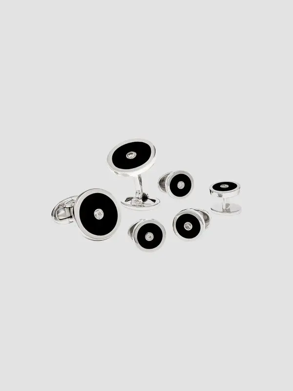 JAN LESLIE Round Sterling Silver Onyx & 0.50 Tcw Diamond Cufflinks & Tuxedo Stud Set - Black
