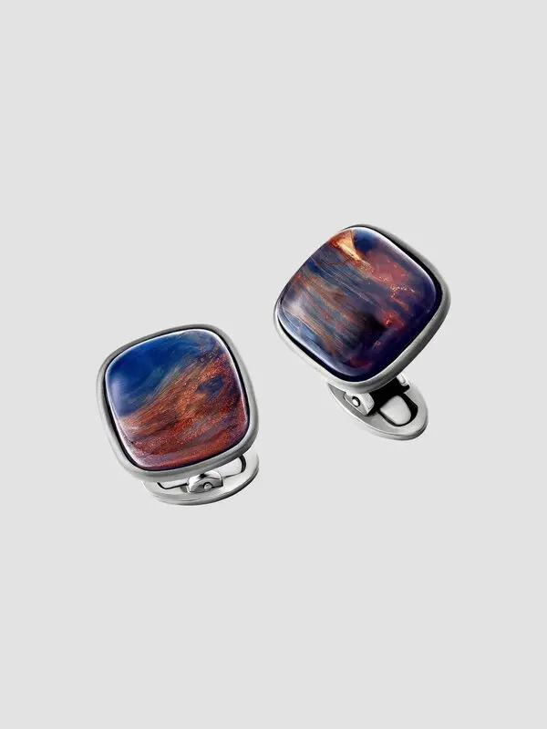 JAN LESLIE Pietersite & Gunmetal Sterling Silver Square Cufflinks - Brown Multi