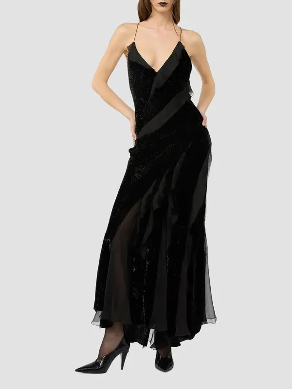 Roberto Cavalli Ruffle Open Crisscross Back Gown - Black