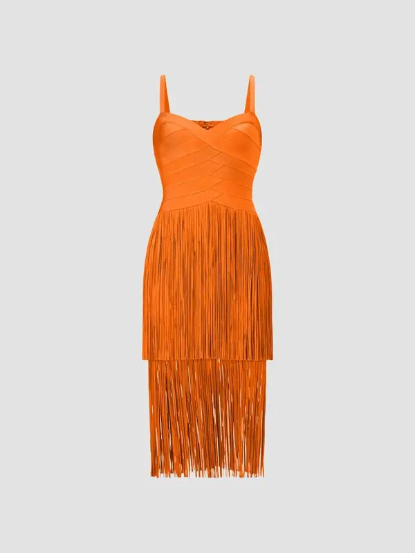 Herve Leger The Georgia Bandage Fringed Tiered Midi-dress - Sunset