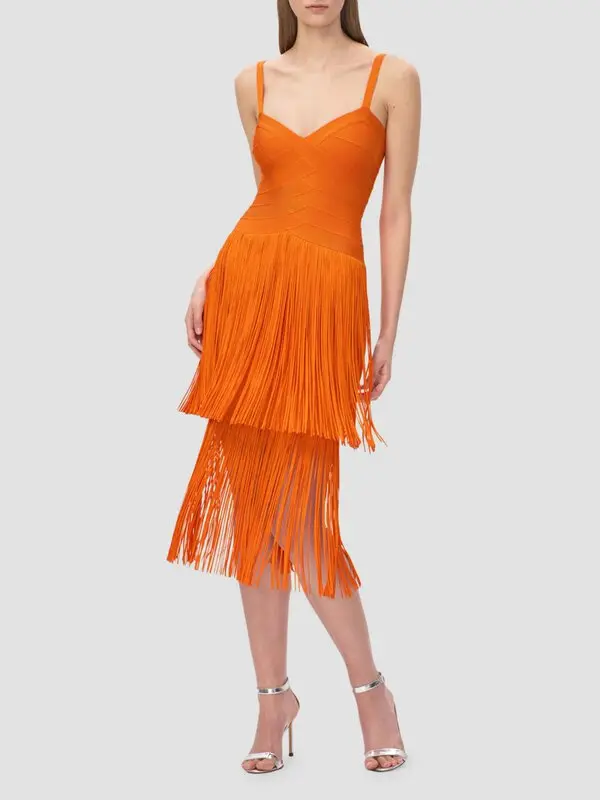 Herve Leger The Georgia Bandage Fringed Tiered Midi-dress - Sunset
