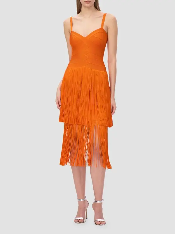 Herve Leger The Georgia Bandage Fringed Tiered Midi-dress - Sunset