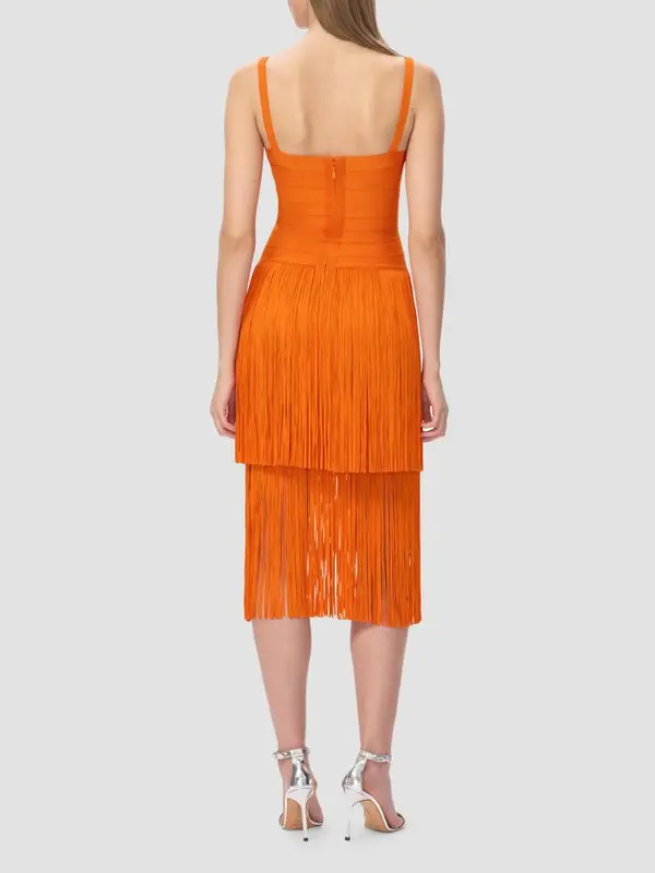 Herve Leger The Georgia Bandage Fringed Tiered Midi-dress - Sunset