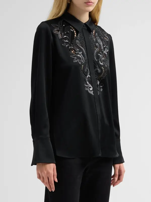 UNGARO Adele Embroidered Satin Blouse - Black