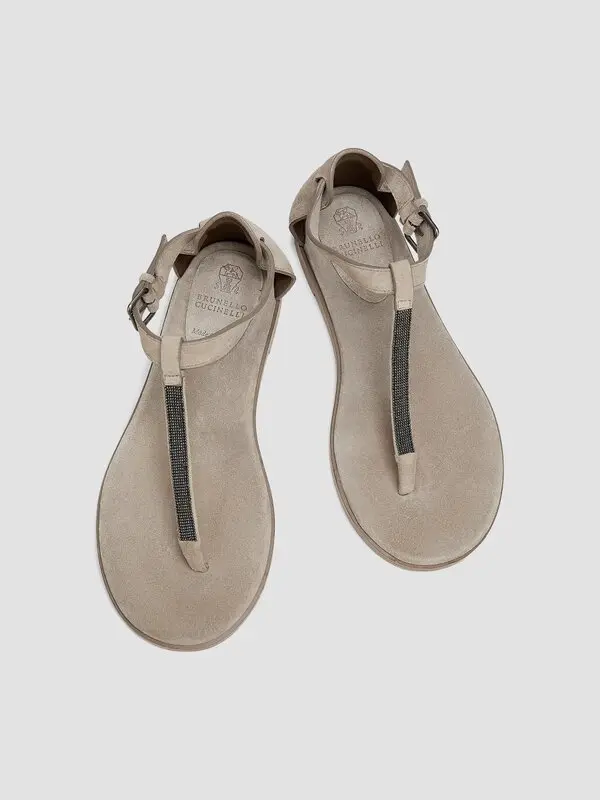 Brunello Cucinelli Beaded Suede T-strap Sandals