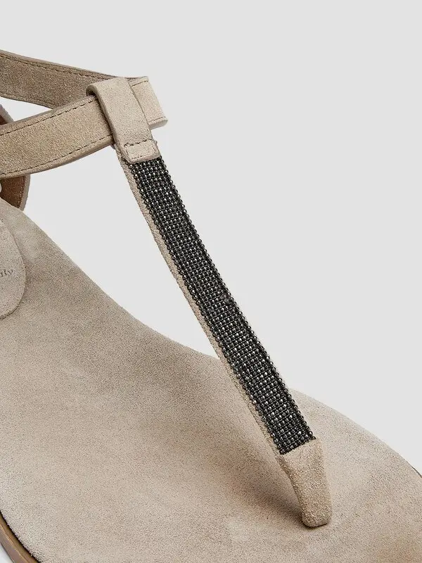 Brunello Cucinelli Beaded Suede T-strap Sandals