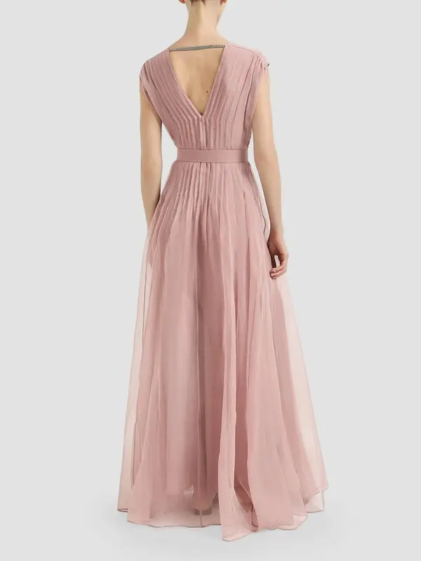 Brunello Cucinelli Crispy Silk Belted Dress With Pleated Detail