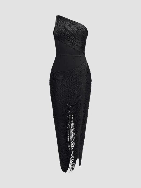 Herve Leger The Tyra Fringe One-shoulder Gown