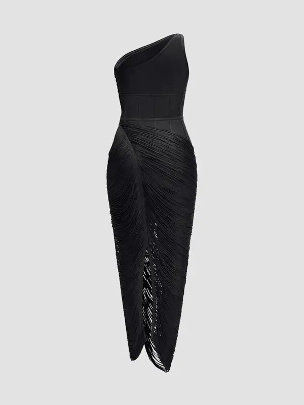 Herve Leger The Tyra Fringe One-shoulder Gown