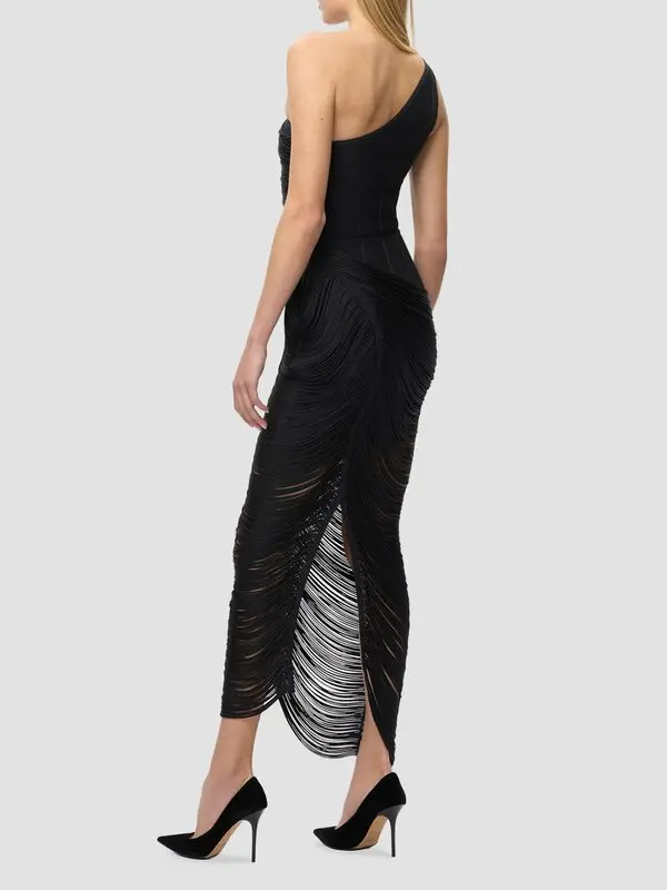 Herve Leger The Tyra Fringe One-shoulder Gown