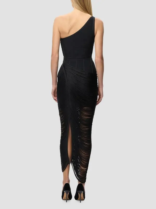 Herve Leger The Tyra Fringe One-shoulder Gown