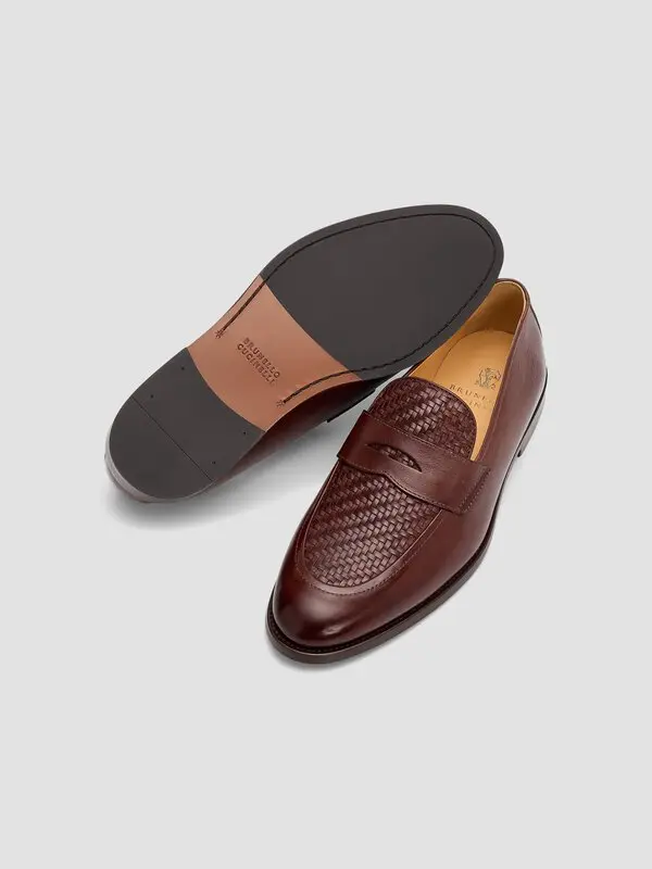 Brunello Cucinelli Woven Leather Penny Loafers - Burnt