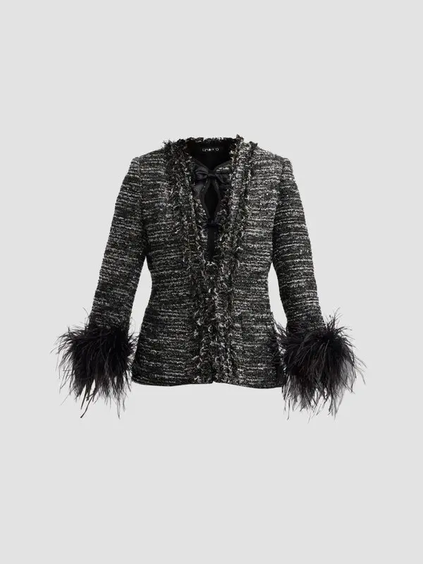 UNGARO Adley Ostrich Feather-trim Tweed Jacket