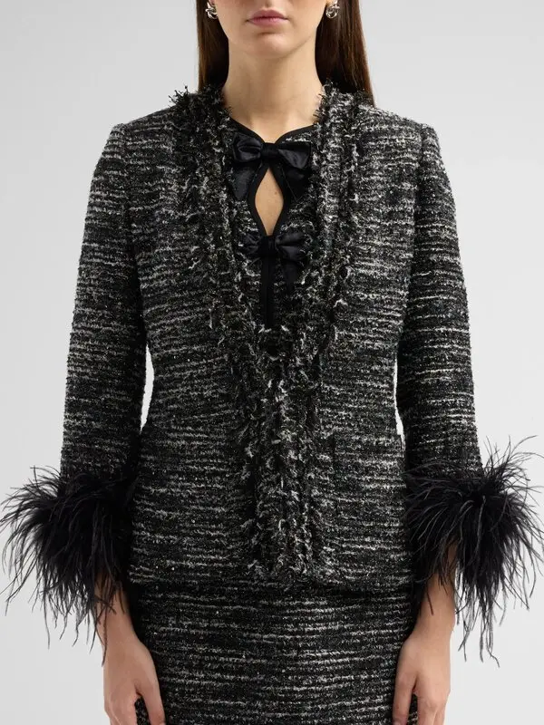 UNGARO Adley Ostrich Feather-trim Tweed Jacket