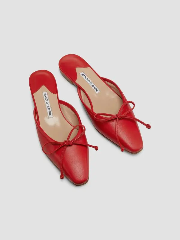 Manolo Blahnik Ballerimu Bow-detailed Leather Flat Mules - Red