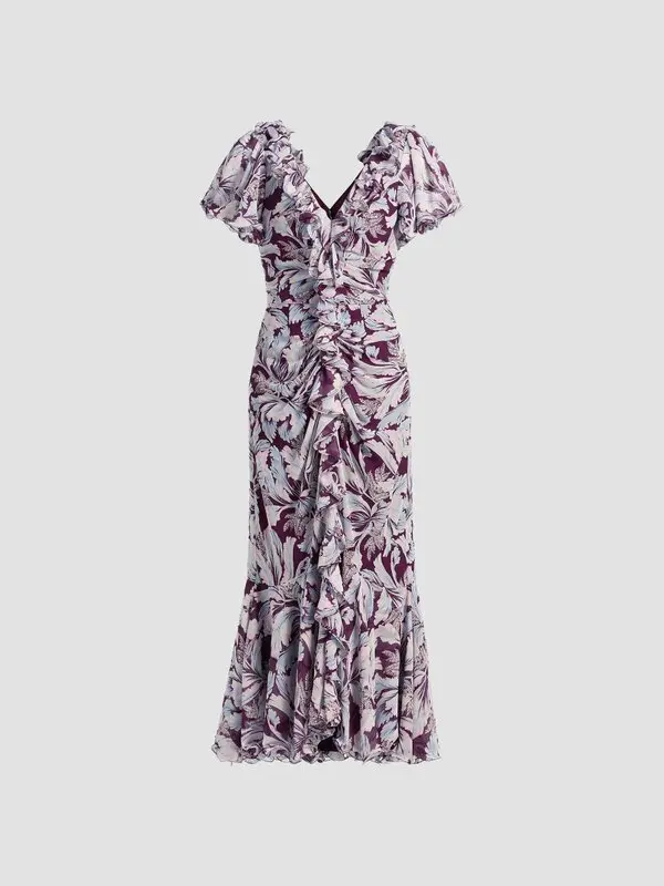 Cinq À Sept Lyra Tulip-print Ruffled Midi-dress - Deep Plum Multi