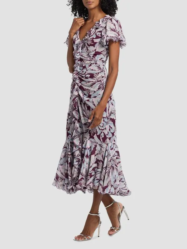 Cinq À Sept Lyra Tulip-print Ruffled Midi-dress - Deep Plum Multi
