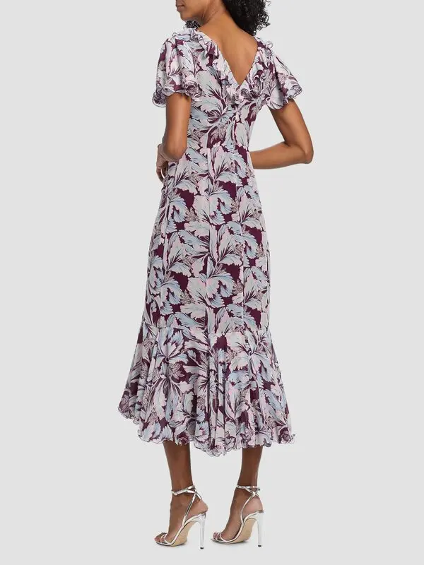Cinq À Sept Lyra Tulip-print Ruffled Midi-dress - Deep Plum Multi