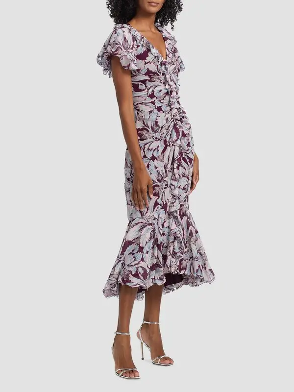 Cinq À Sept Lyra Tulip-print Ruffled Midi-dress - Deep Plum Multi