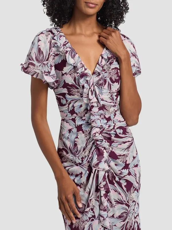 Cinq À Sept Lyra Tulip-print Ruffled Midi-dress - Deep Plum Multi